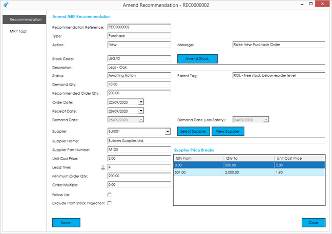 Amend/View MRP Recommendations - CIM Software