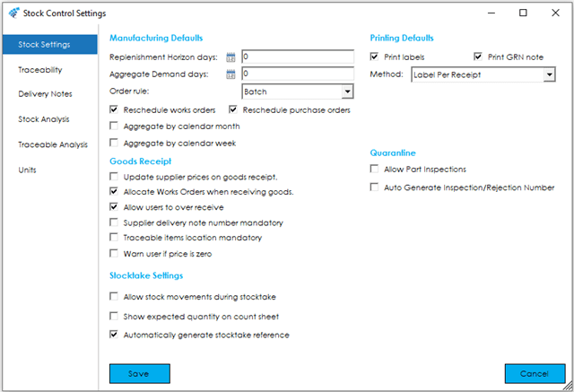 Stock Settings - CIM Software