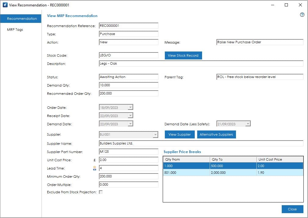 Amend/View MRP Recommendations - CIM Software